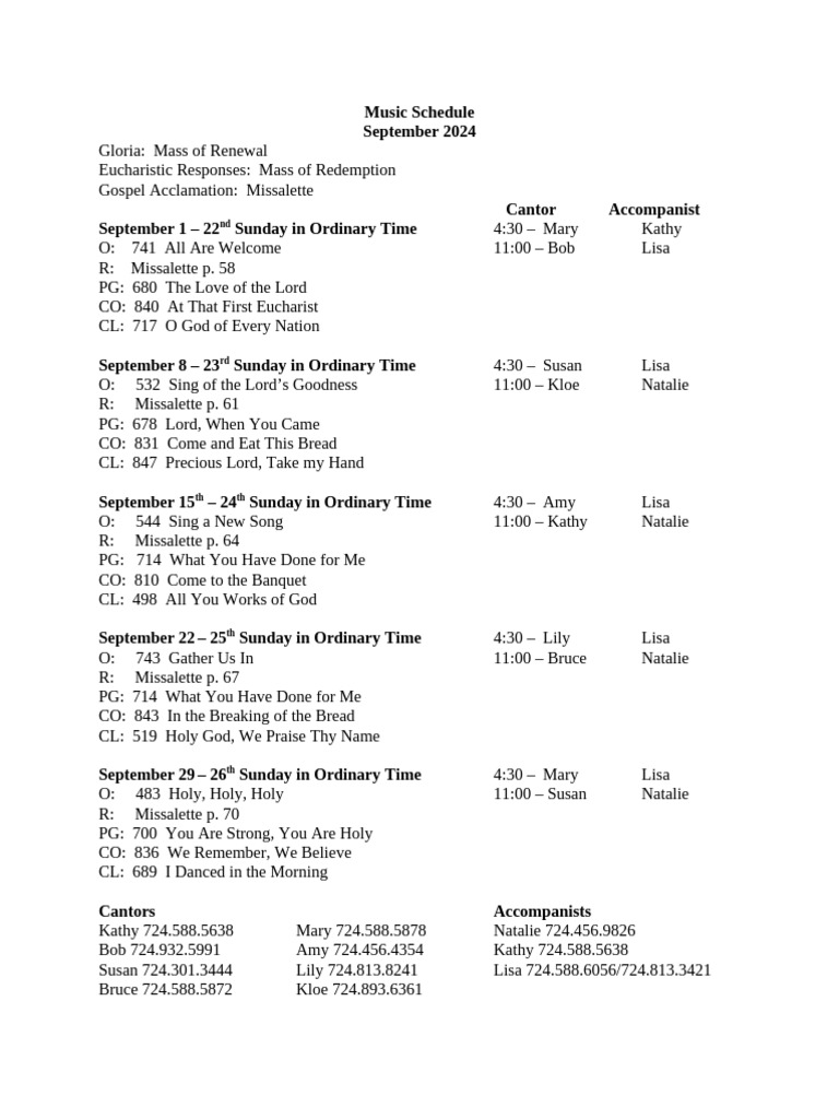 September 2024 Music Schedule | PDF