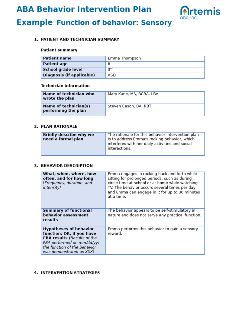 ABA Behavior Intervention Plan Template Example Sensory | PDF ...