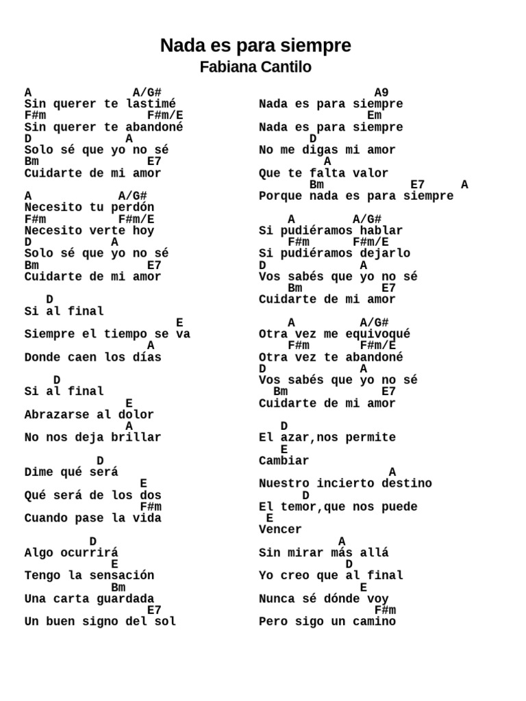 Acordes y letra de "Nada es para siempre" | PDF