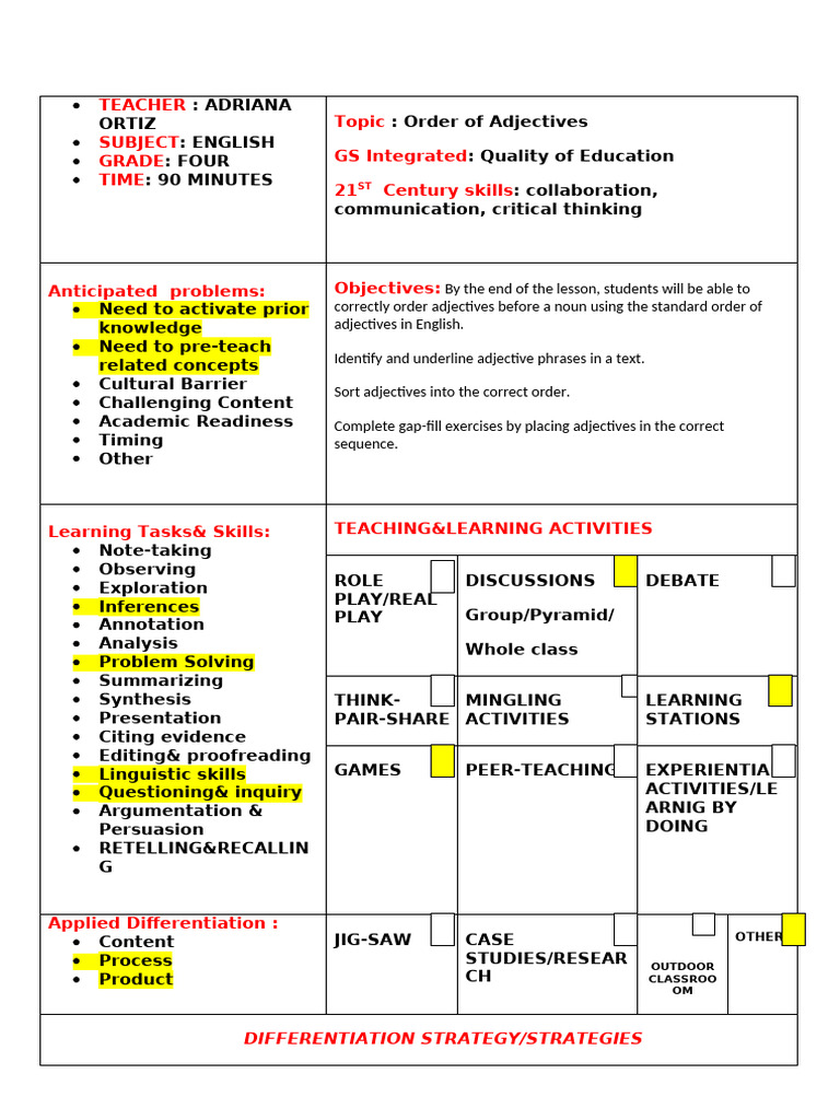 Lesson Plan Ordering Adjectives | PDF | Learning | Critical Thinking