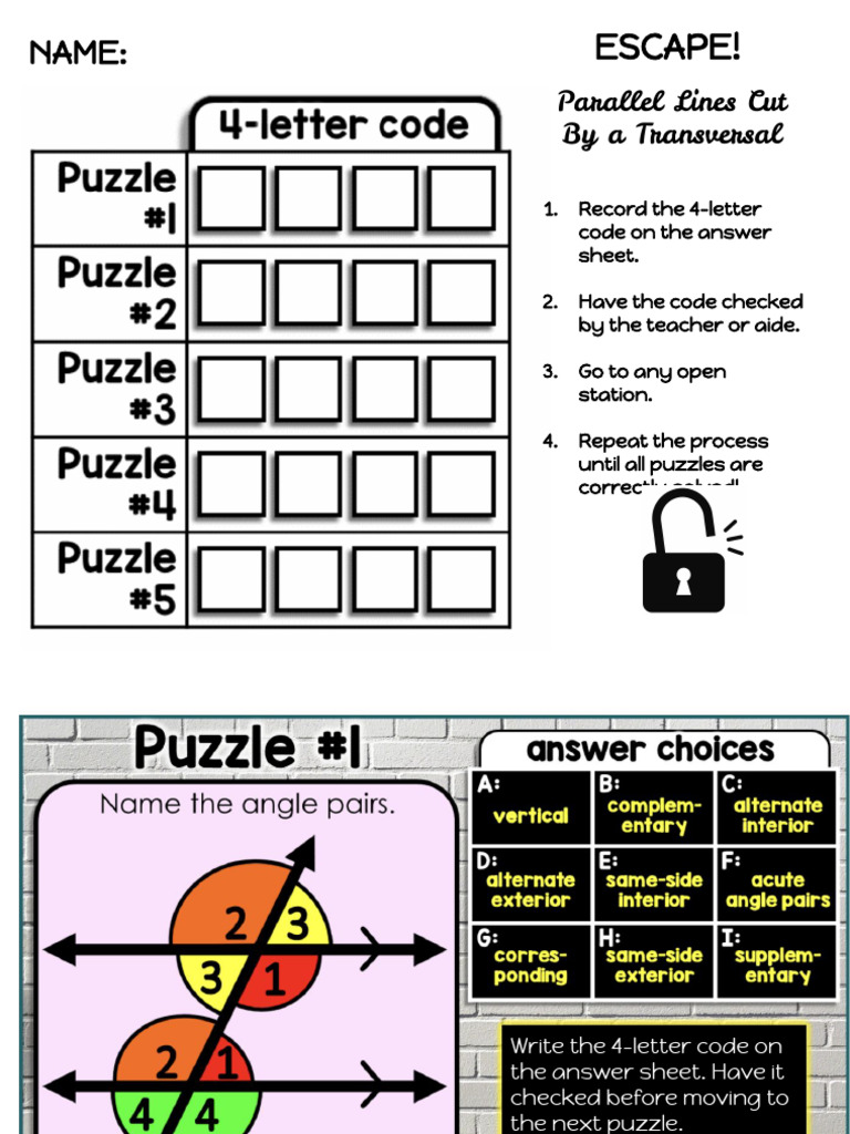Escape Room - Parallel Lines and Transversals - Post | PDF