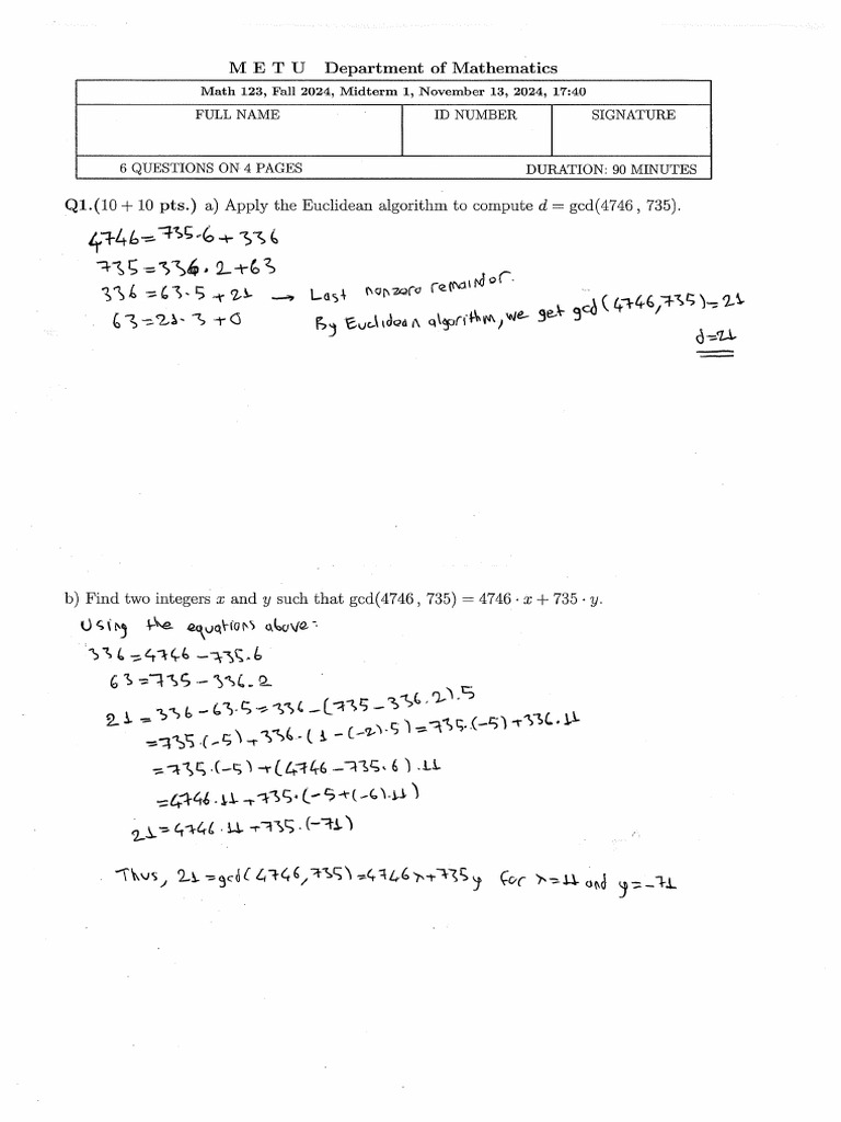Solutions - MT1 - Math 123 - Fall 2024 | PDF