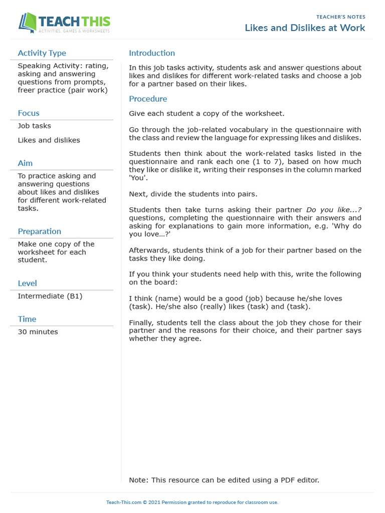 Likes and Dislikes at Work | PDF