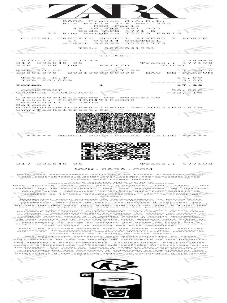 Ticket d'achat ZARA et conditions de retour | PDF