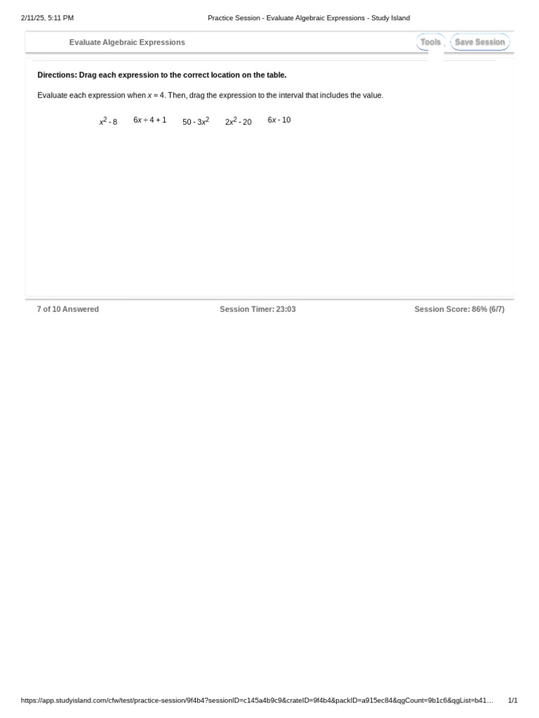 Practice Session - Evaluate Algebraic Expressions - Study Island | PDF