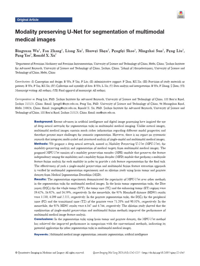 Modality Preserving U-Net For Segmentation of Multimodal Medical Images | PDF | Image ...