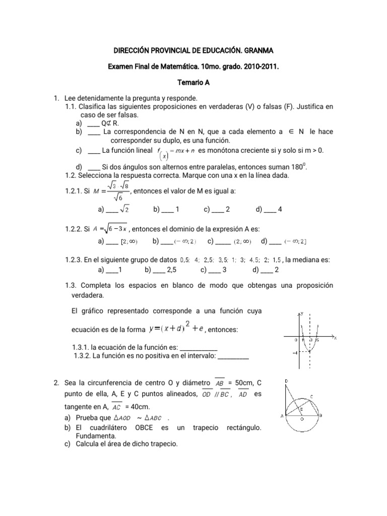 Exámenes Finales 10mo Grado 2011 Hasta 2018 | PDF