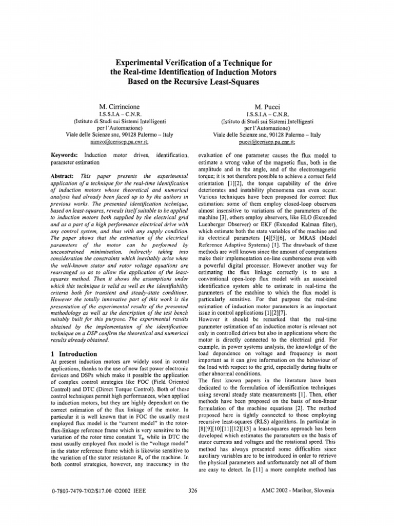 Experimental Verification Of A Technique For The Real Time Identification Of Induction Motors