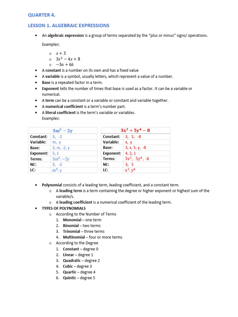 QUARTER 4. Lesson 1. Algebraic Expressions | PDF