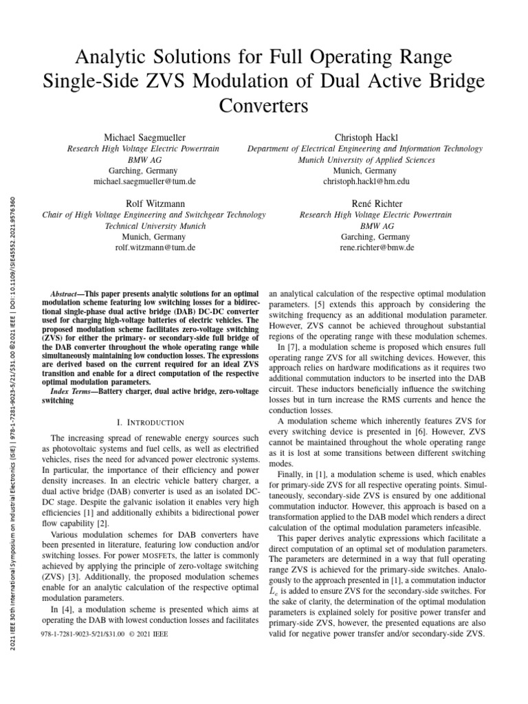 ZVS Modulation for Dual Active Bridge Converters | PDF | Power ...