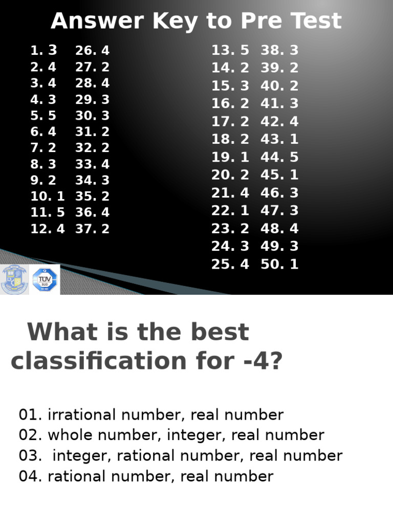Math Pre-Test Answer Key | PDF | Set (Mathematics) | Numbers