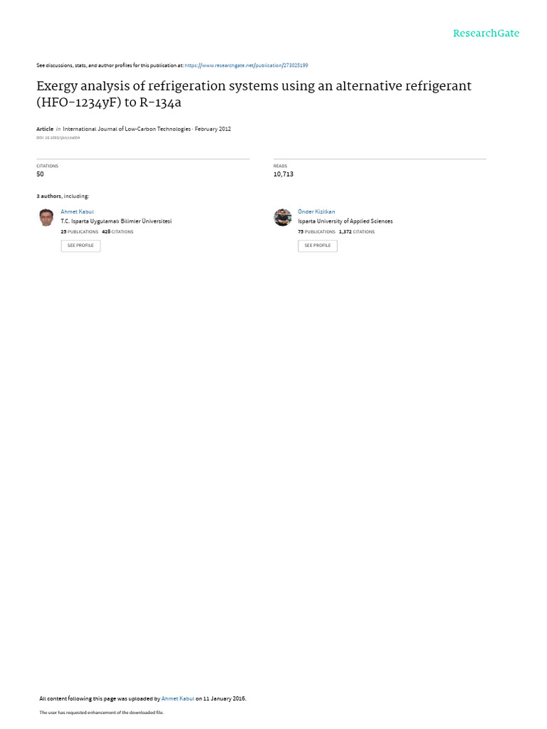 Exergy Analysis of Refrigeration Systems Using An | PDF | Exergy | Refrigeration