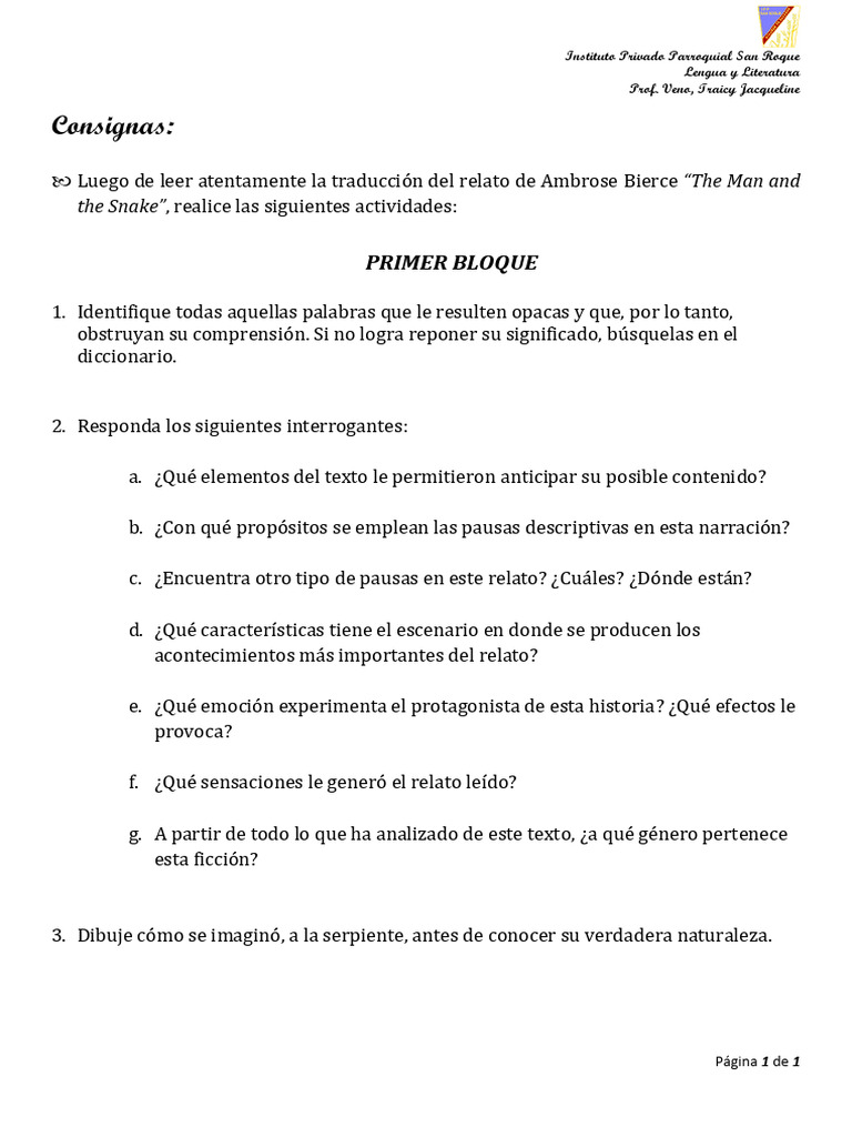 Actividades sobre "The Man and the Snake" | PDF