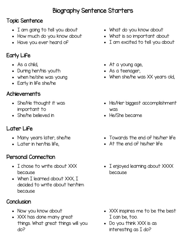 Engaging Biography Sentence Starters | PDF