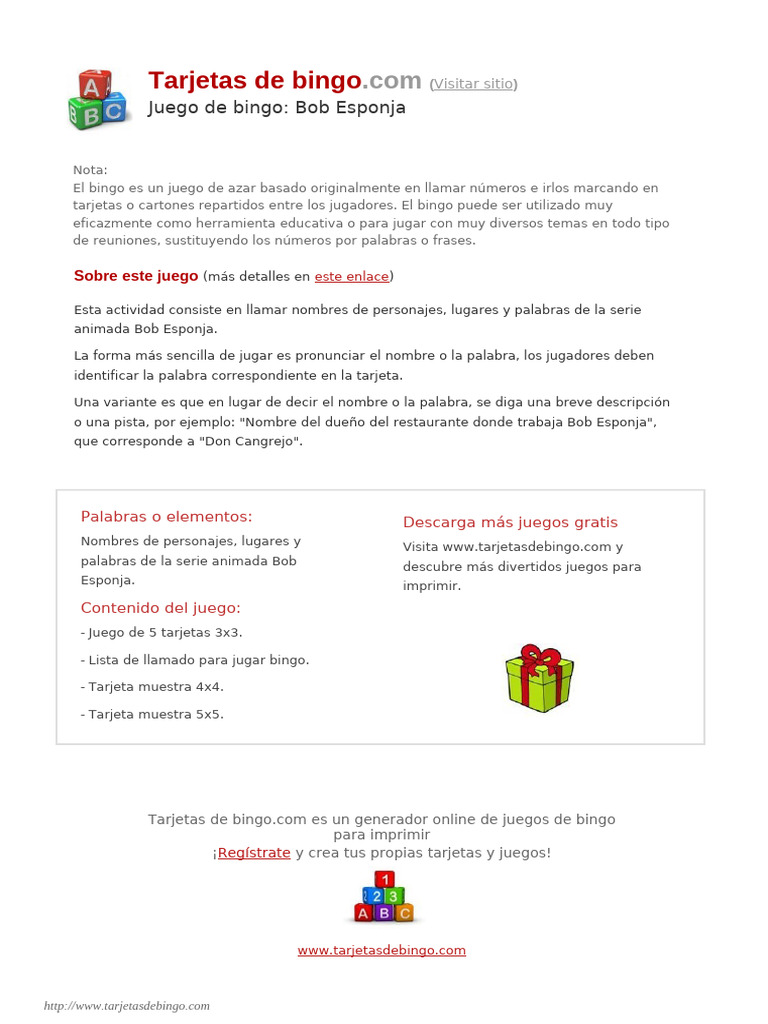 Bingo de Bob Esponja para Imprimir | PDF