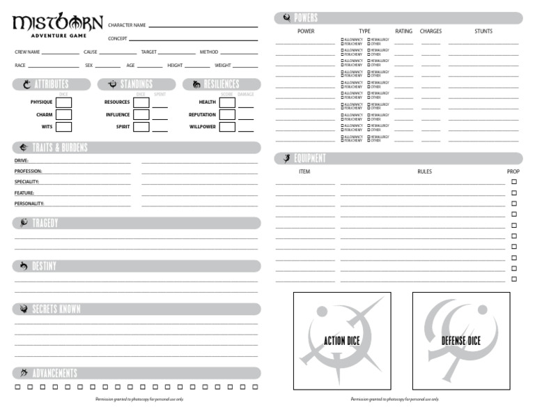 Mistborn Character Sheet-V2 | PDF | Role Playing Games | Tabletop Games