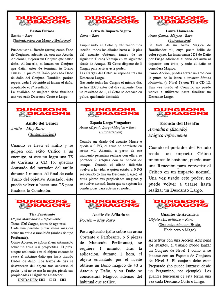 5ed - 158 Tarjetas Objeto Mágico | PDF | Munición | Proyectiles