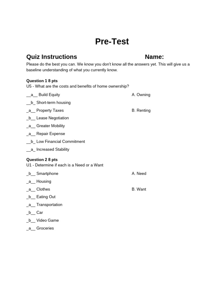 Pre-Test on Financial Literacy Concepts | PDF | Cost Of Living | Social ...