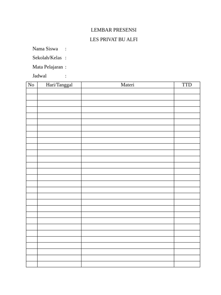 Lembar Presensi Bu Alfi | PDF