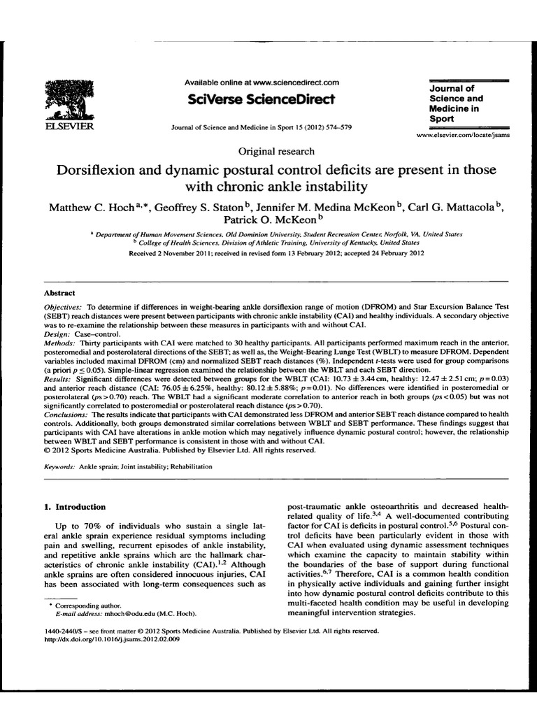 Dorsiflexion and Dynamic Postural Control Deficits Are Present in Those With Chronic Ankle ...