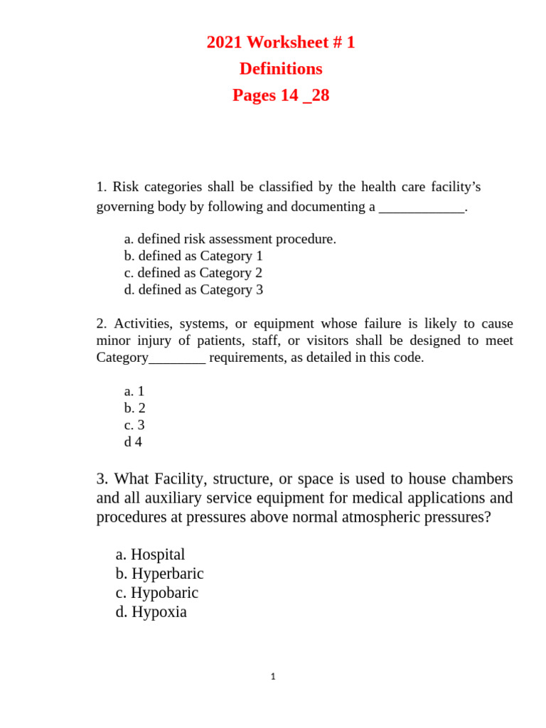 2021 Worksheet # 1 Definition's Rev | PDF | Oxygen | Anesthesia