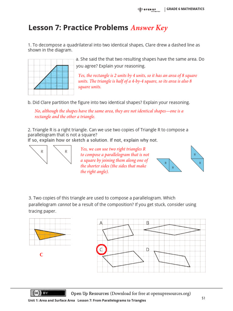 Lesson 7 Practice Problems KEY | PDF | Area | Rectangle