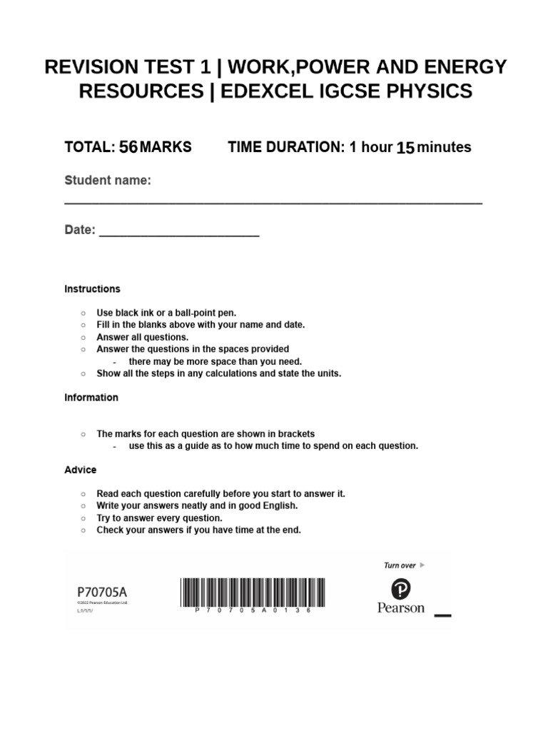 QP Test of Work, Power & Energy Resources Edexcel IGSCE Physics | PDF ...