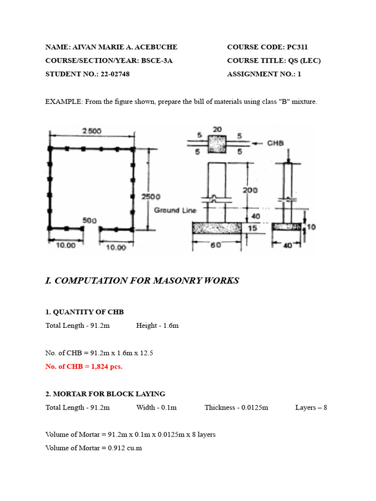 QS-ASSIGNMENT-NO.1-for-masonry-works-Acebuche | PDF | Mortar (Masonry) | Masonry