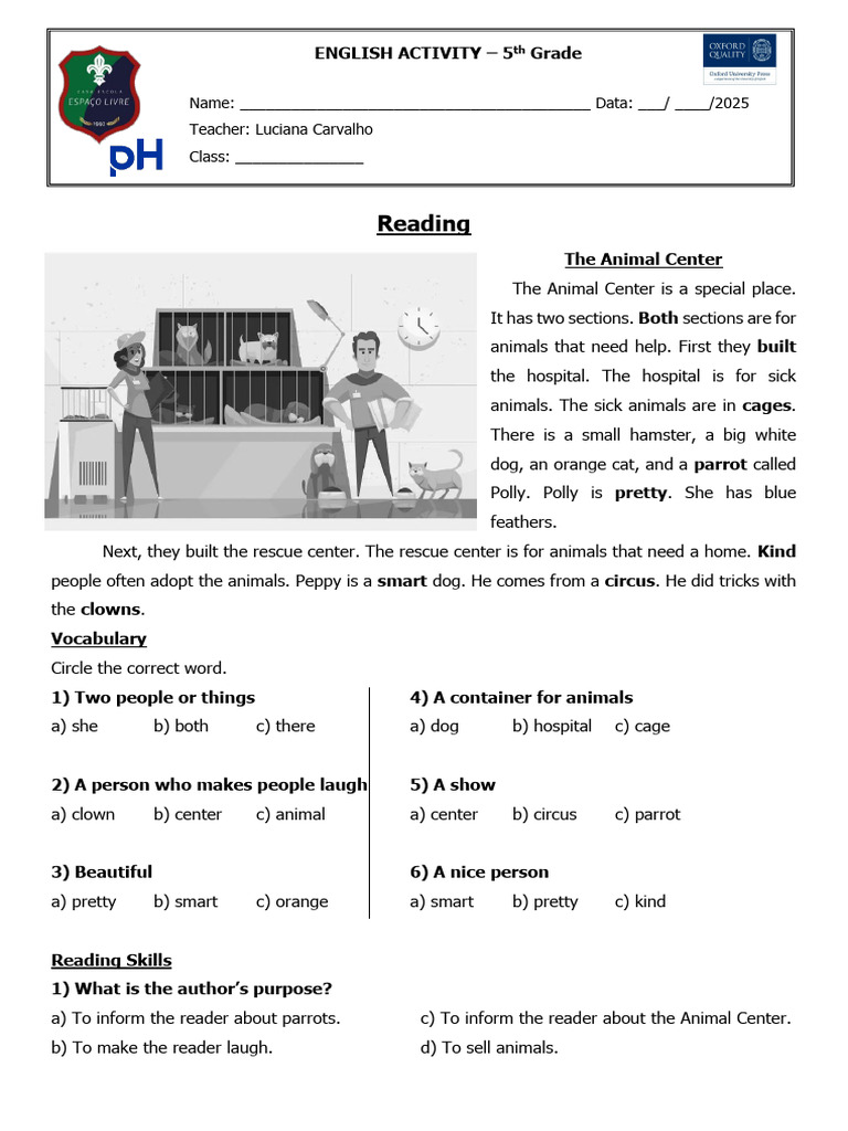 Atividade EL - Reading Comprehention - Animal Center | PDF | Birds ...