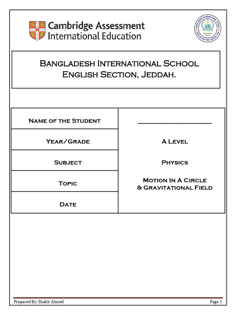 Worksheet of Gravitational Field & Motion in A Circle | PDF