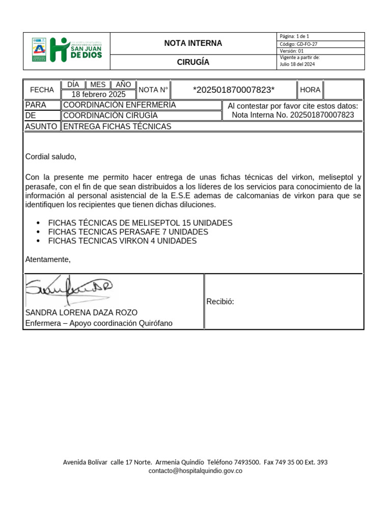 Nota Interna Cirugía: Fecha DÍA MES AÑO Nota #Hora | PDF