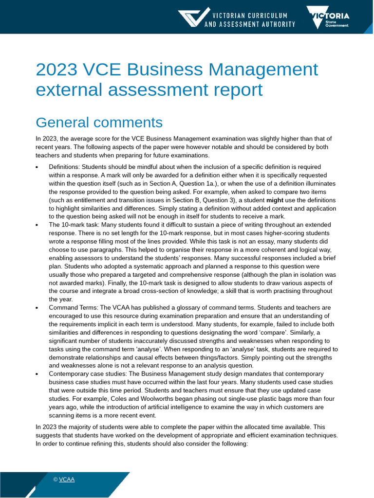 2023 VCE Business Management Exam Insights | PDF | Employment | Motivation