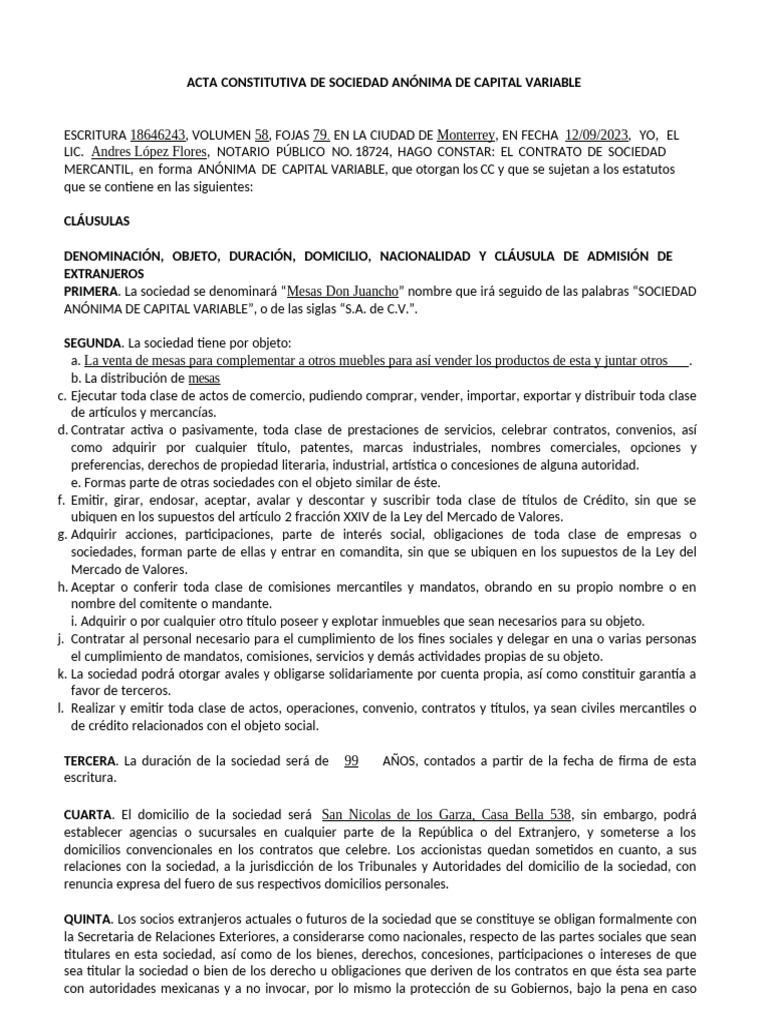 Acta Constitutiva de Sociedad Anónima de Capital Variable - Contadesociedades | PDF | Sociedad ...