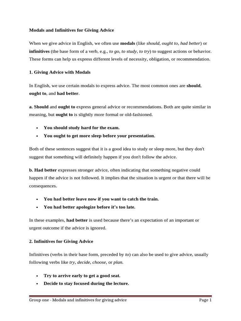 Modals and Infinitives For Giving Advice | PDF | Syntax | Linguistic ...