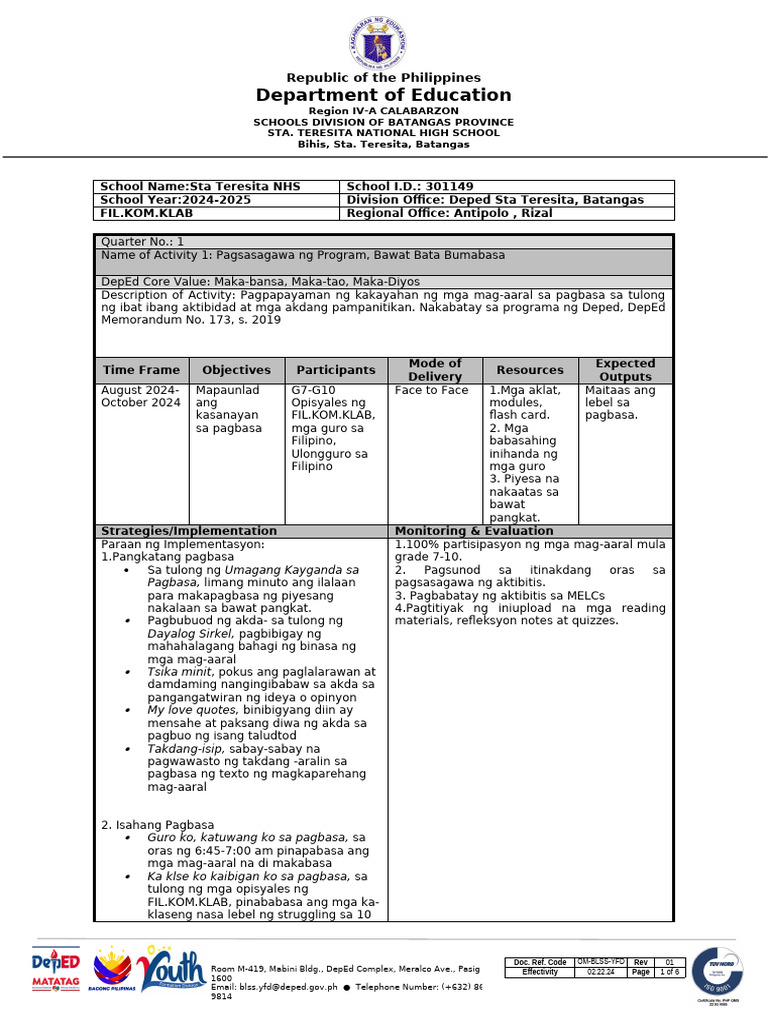 Action Plan Filipino 2024-2025 | PDF