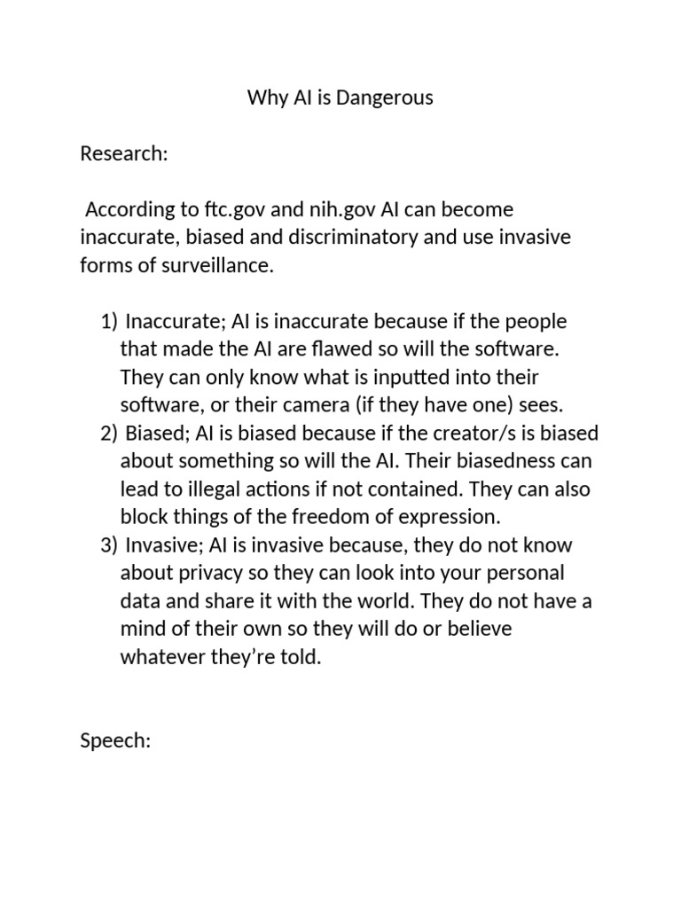 Dangers of AI: Bias, Inaccuracy, Invasion | PDF