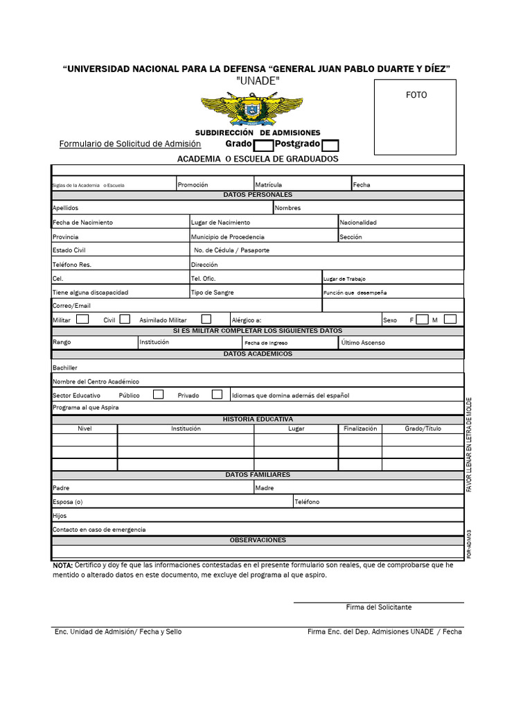 Formulario de Solic. Admision UNADE | PDF