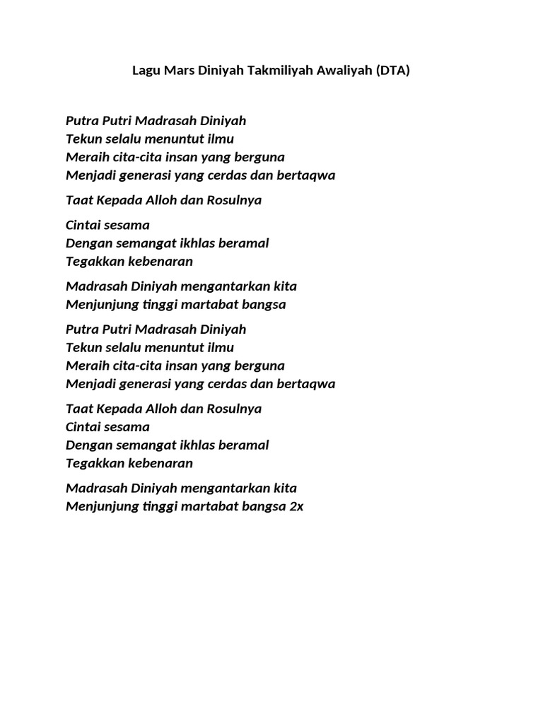 Lagu Mars Diniyah Takmiliyah Awaliyah | PDF