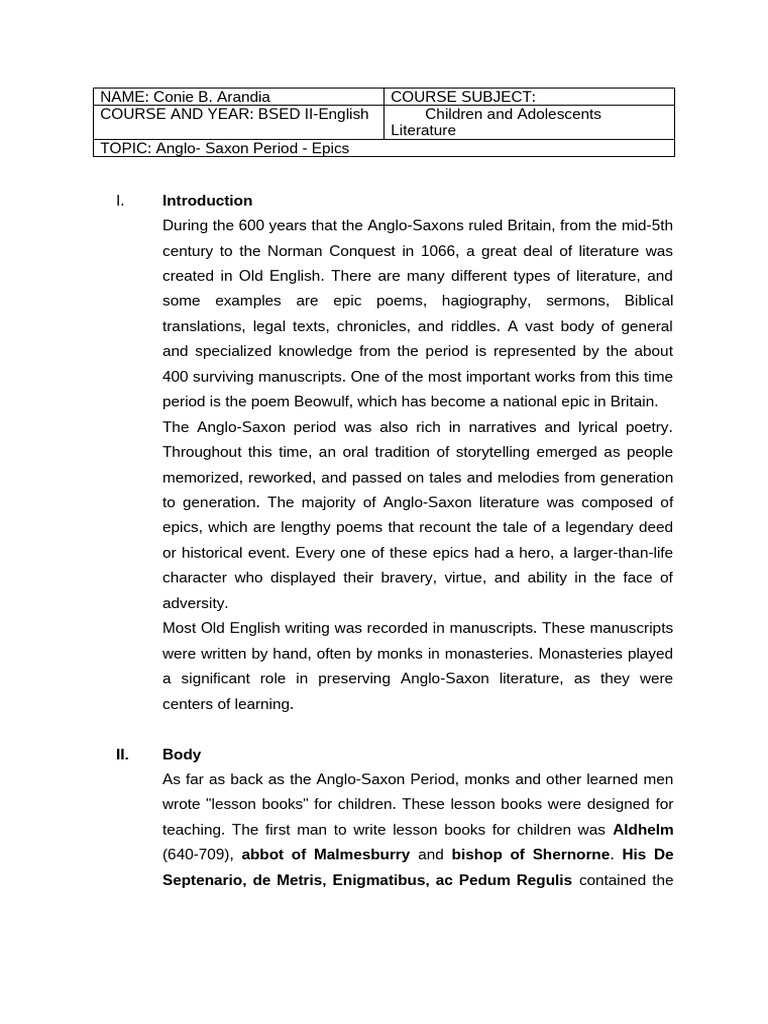 Anglo Saxon Period Epics | PDF | Beowulf | Anglo Saxons