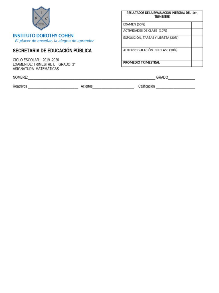 Evaluación Integral 3° Grado 2019-2020 | PDF