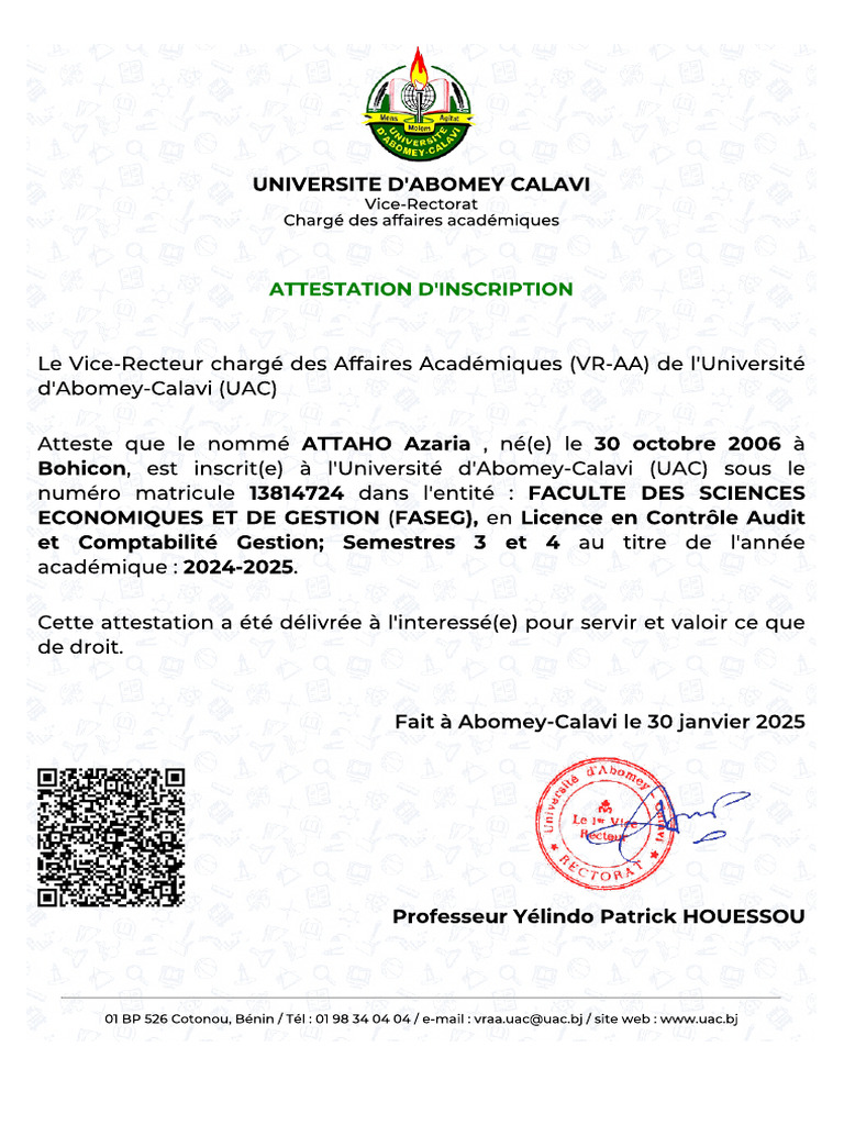Attestation Inscription 13814724 LPs3s4-CACG 2025 | PDF