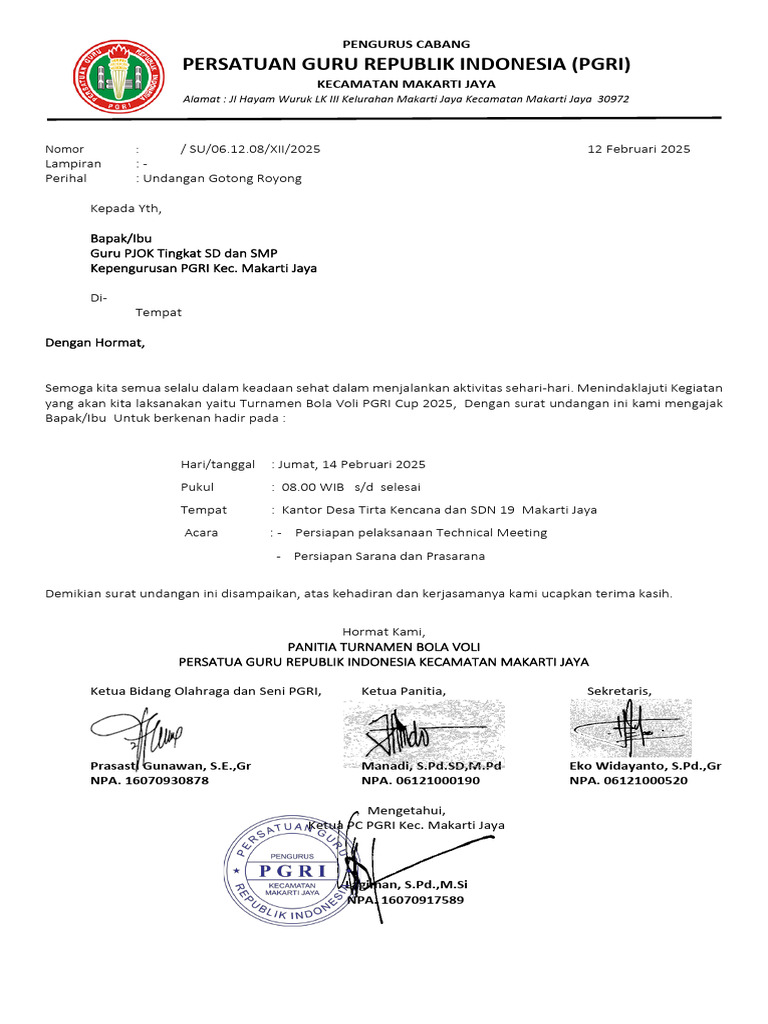 Surat Undangan Gotong Royong PGRI Cup 2025.Oke | PDF