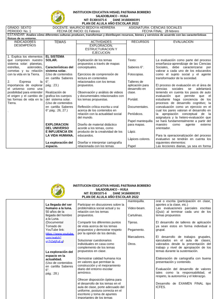 Plan de Aula Febrero Mauricio Bedoya | PDF | Evaluación | Salón de clases