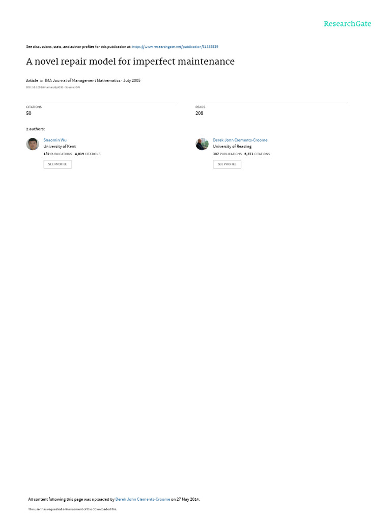 A Novel Repair Model For Imperfect Maintenance | PDF | Reliability Engineering | Probability Theory