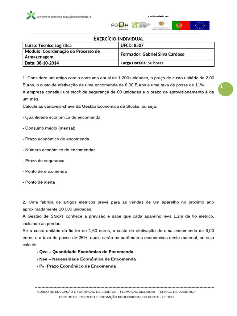 EXERCÍCIO N.º 3 - Ufcd 8507 - Coordenação e Recepção em Armazém - 15 10 ...