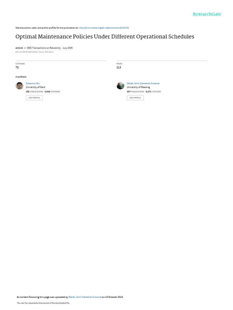 Optimal Maintenance Policies Under Different Operational Schedules | PDF | Reliability ...