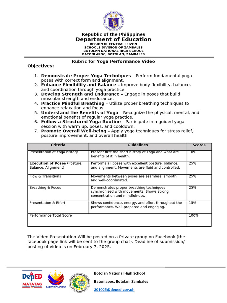 Rubric For Yoga Performance Video | PDF | Yoga | Mind–Body Interventions