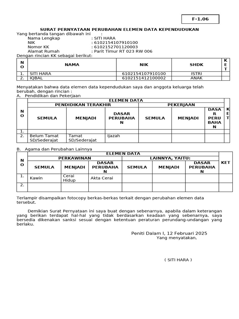 F-1.06 - Surat Pernyataan Perubahan Elemen Data Kependudukan | PDF