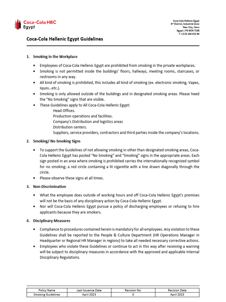 CCHBC Smoking Guidelines English Version | PDF