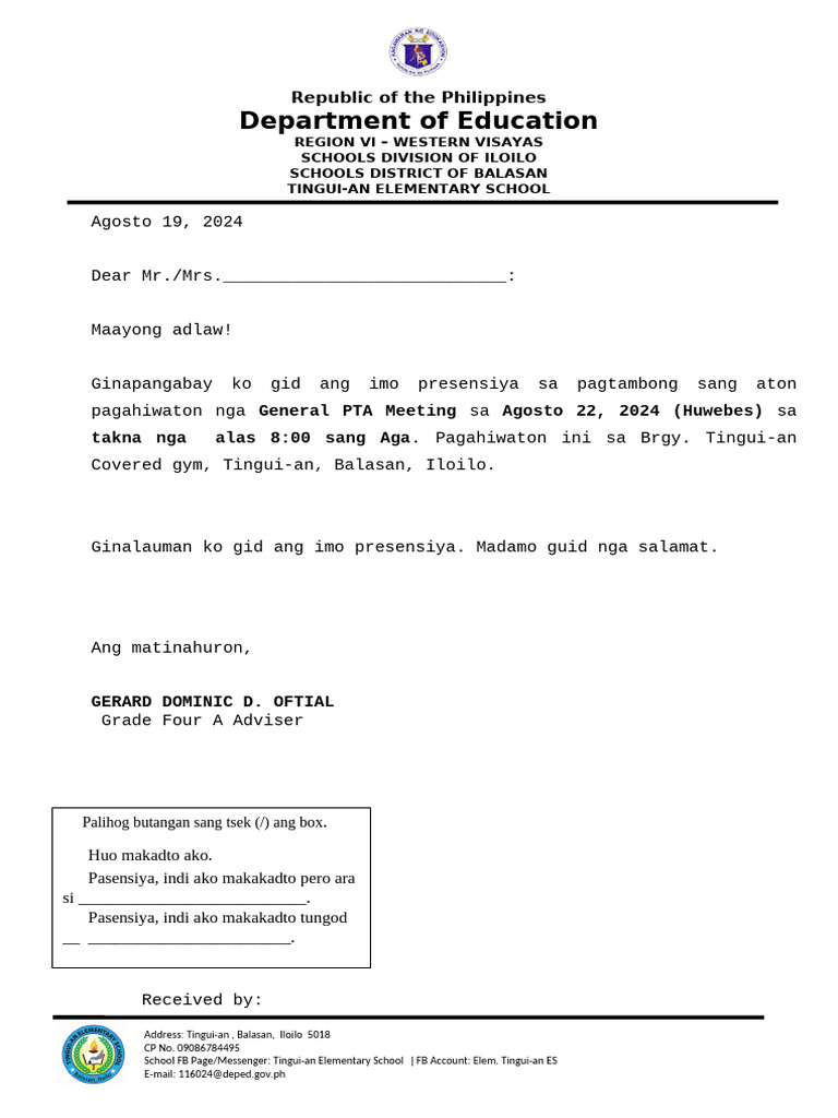 Letter of Communication To Parents GPTA Meeting | PDF